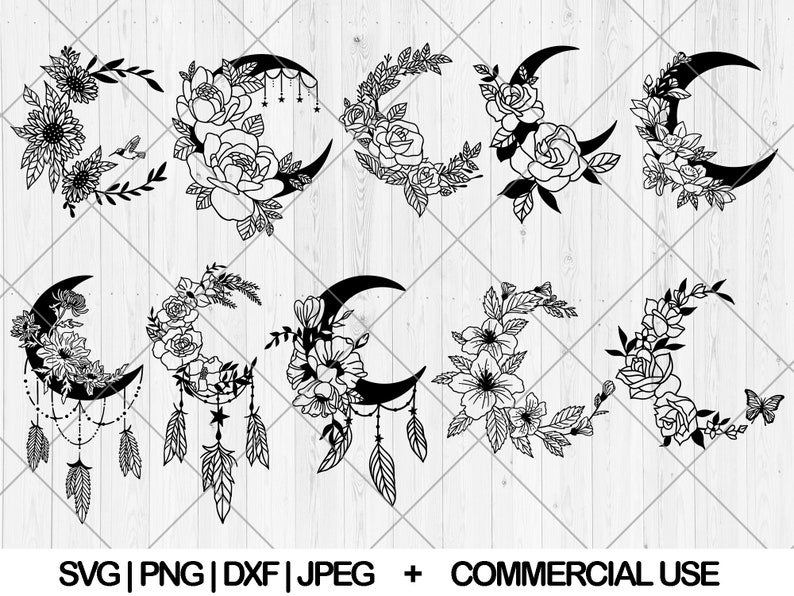 10 Floral Moon Svg Bundle Moon With Flowers Svg Dxf Png - Etsy