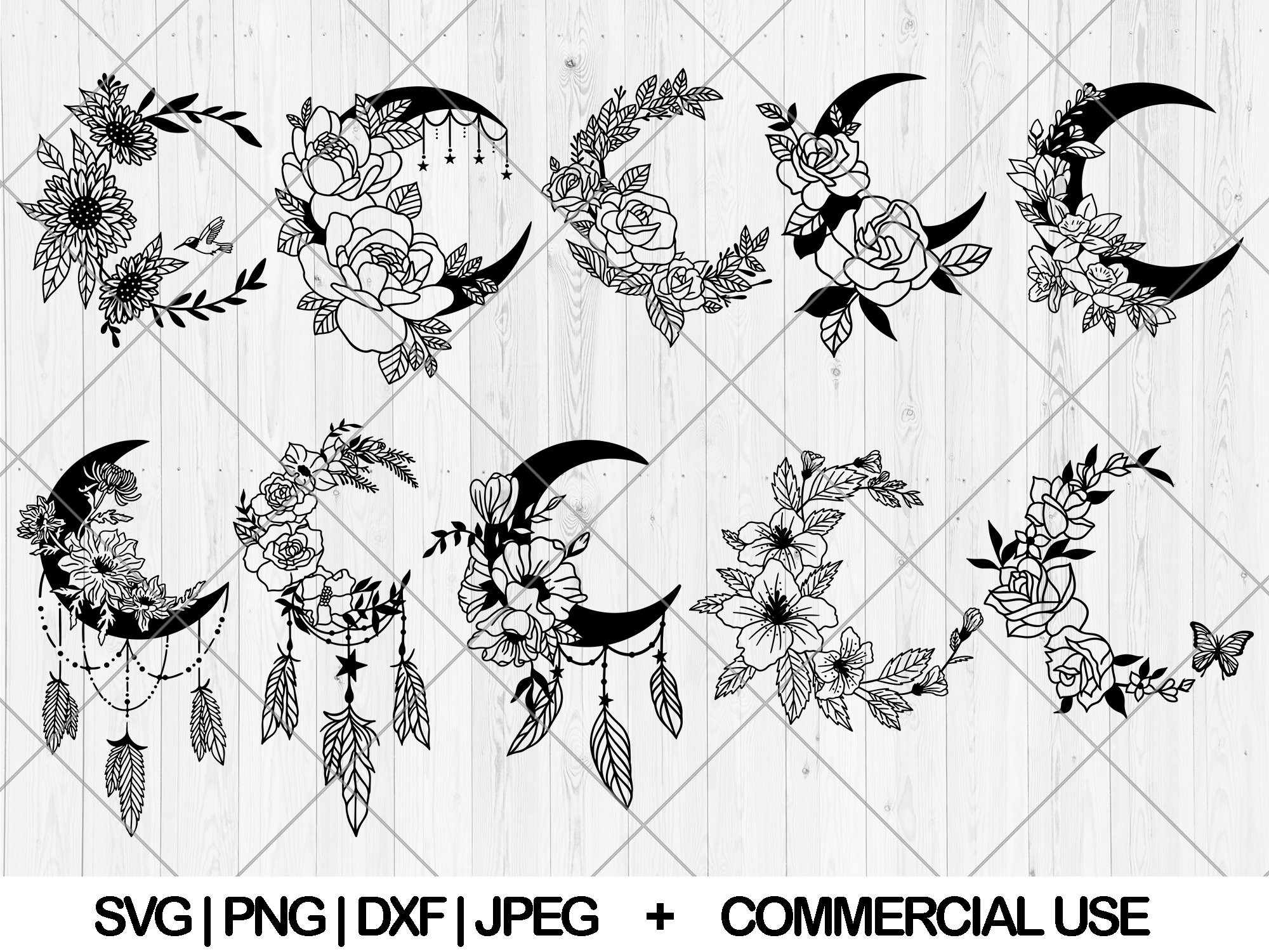 10 Floral Moon Svg Bundle, Moon With Flowers Svg, Dxf, Png, Jpg ...