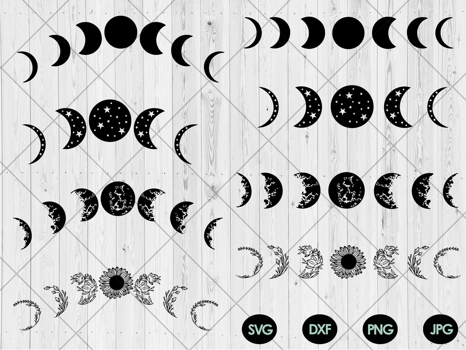 Moon Phase Svg Bundle, Moon Phase With Star Svg,dxf,png,jpg, Floral ...