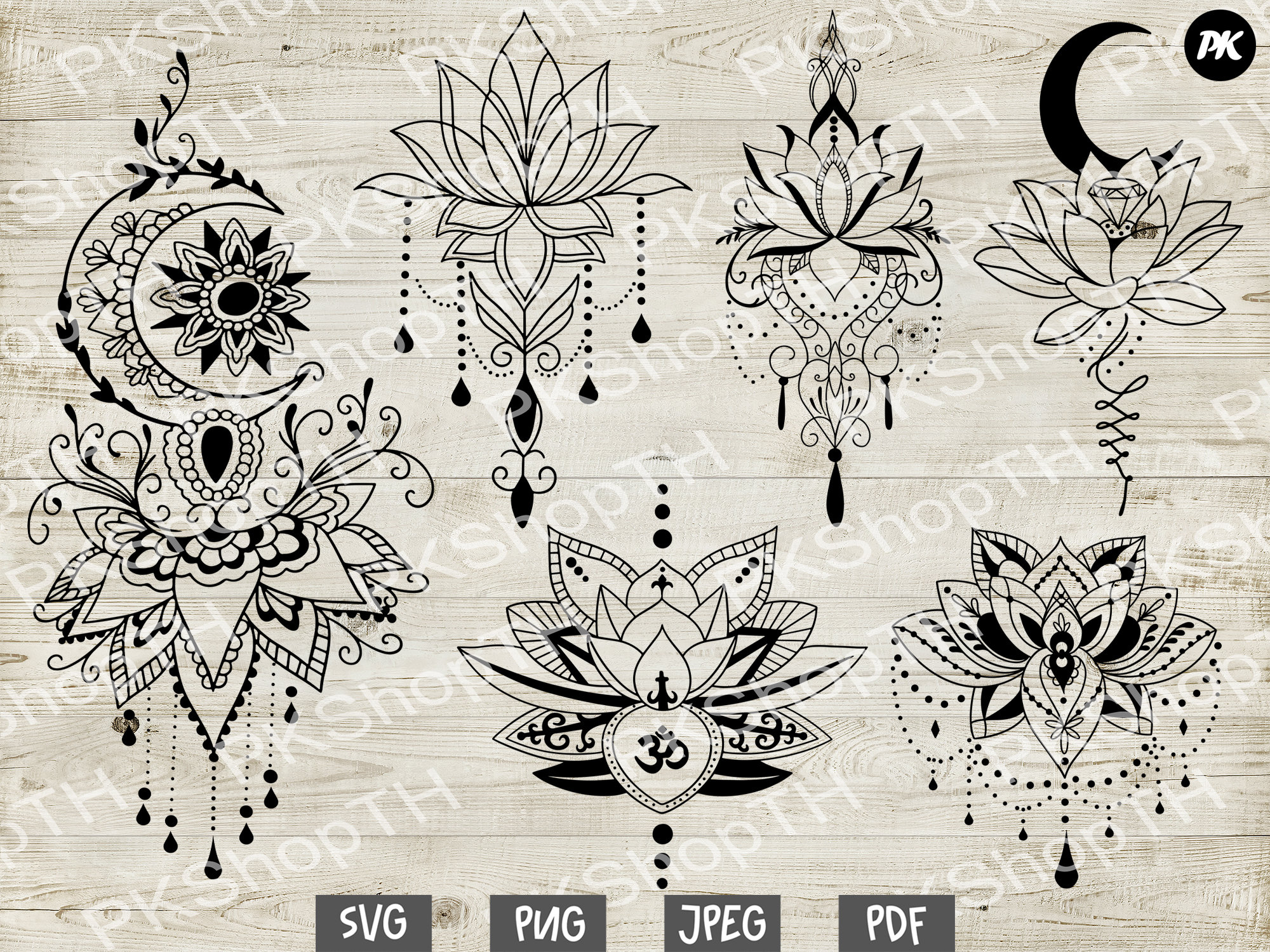 6 Lotus svg bundle Lotus mandala svg png pdf jpg Moon | Etsy