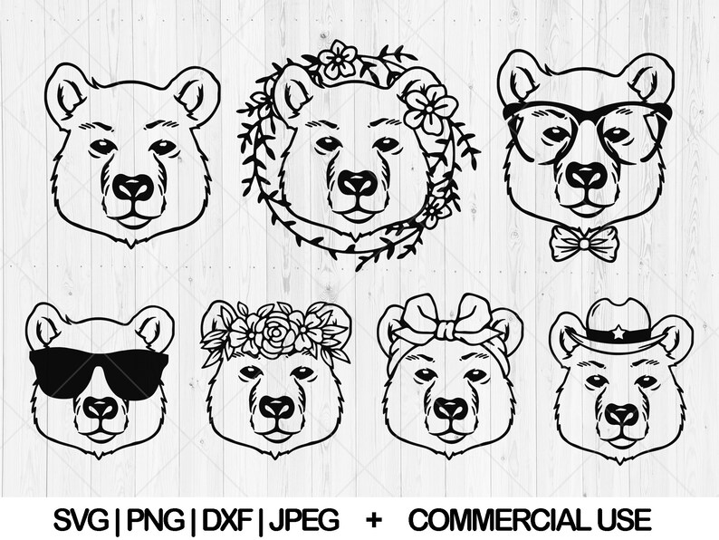 Bear Face Svg Bundle, Bear Family Svg, Dxf, Png, Jpg, Floral Bear Svg ...