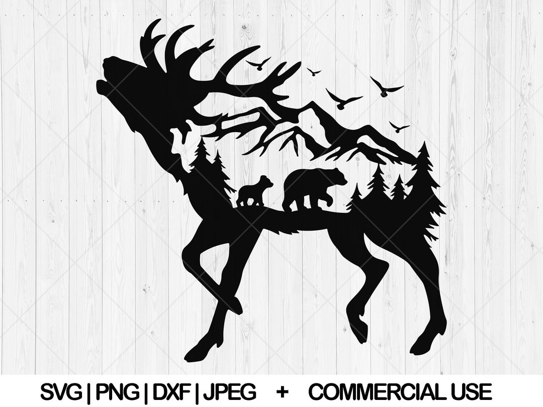 Elk Mountain Svg, Elk Deer Svg, Dxf, Png, Jpg, Deer Bear Scene Svg, Elk ...
