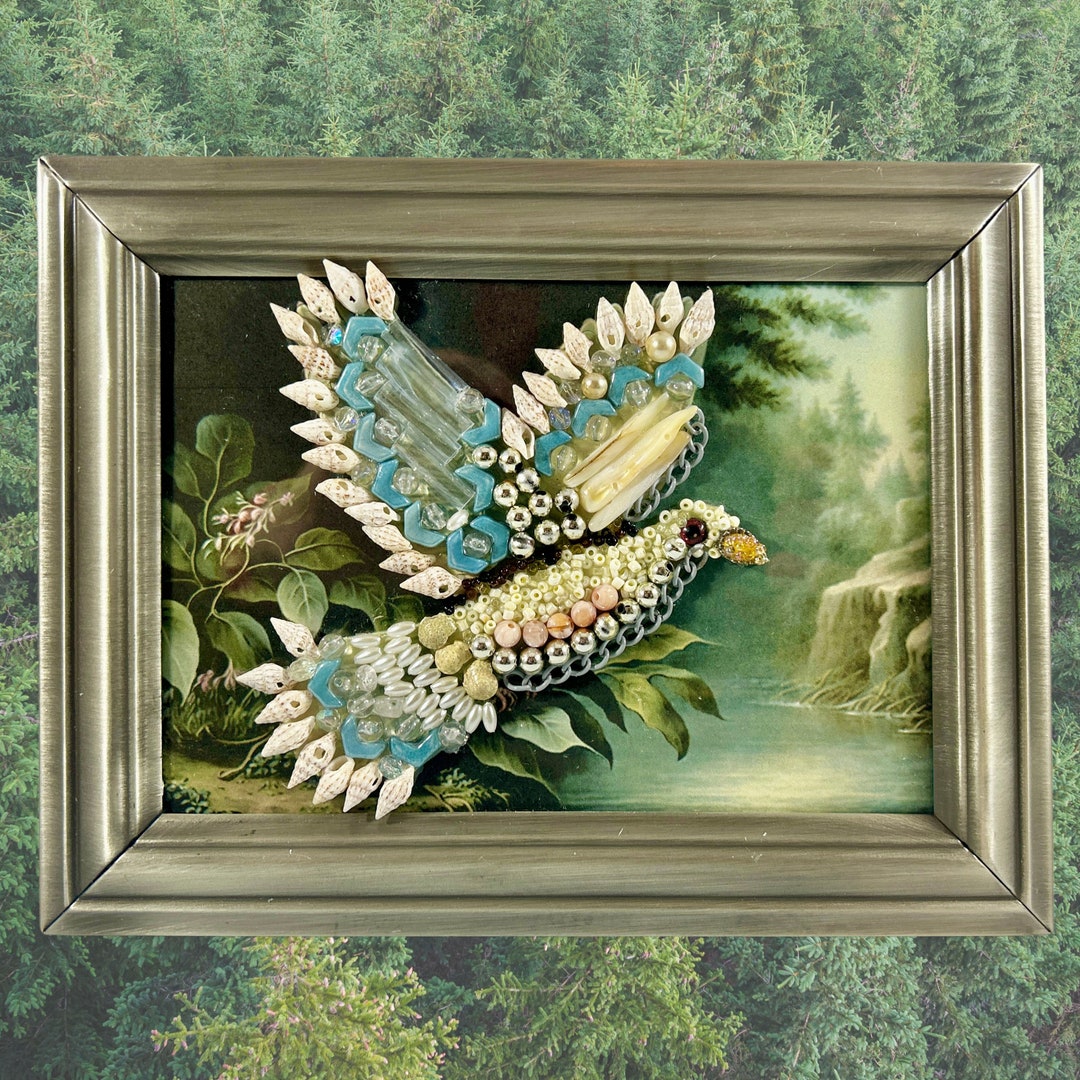 Beaded Bird Art: Framed Vintage Illustration, Recycled Frame, Birds ...