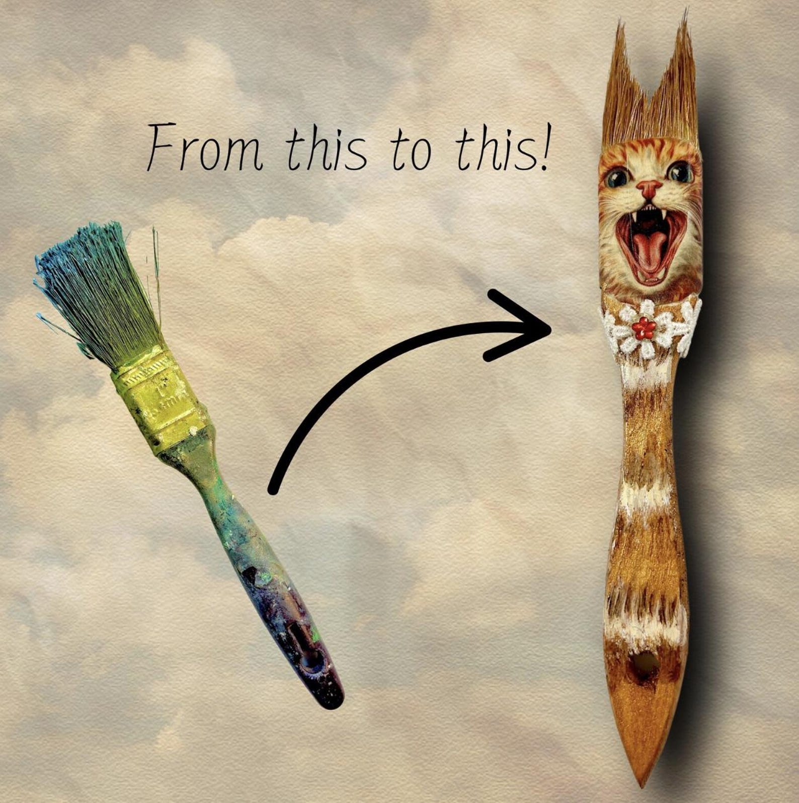 Vintage Cat Face Repurposed Paintbrush Art: Whimsical Kitty Decor - Etsy