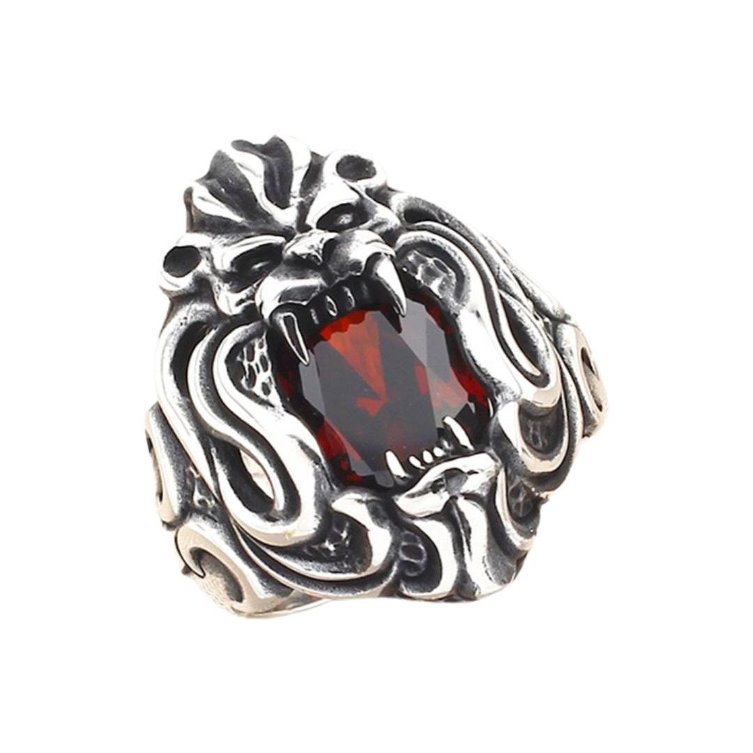 Leo Zodiac Men Ring With Red Zircon, African Lion Head Silver Ring ...