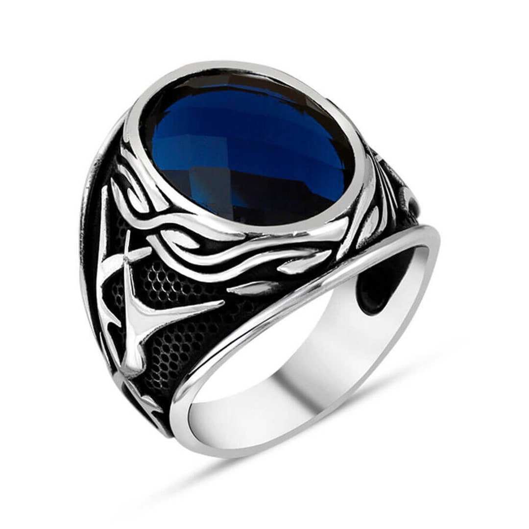 Blue Zircon Sterling Silver Men's Ring With Abstract - Etsy