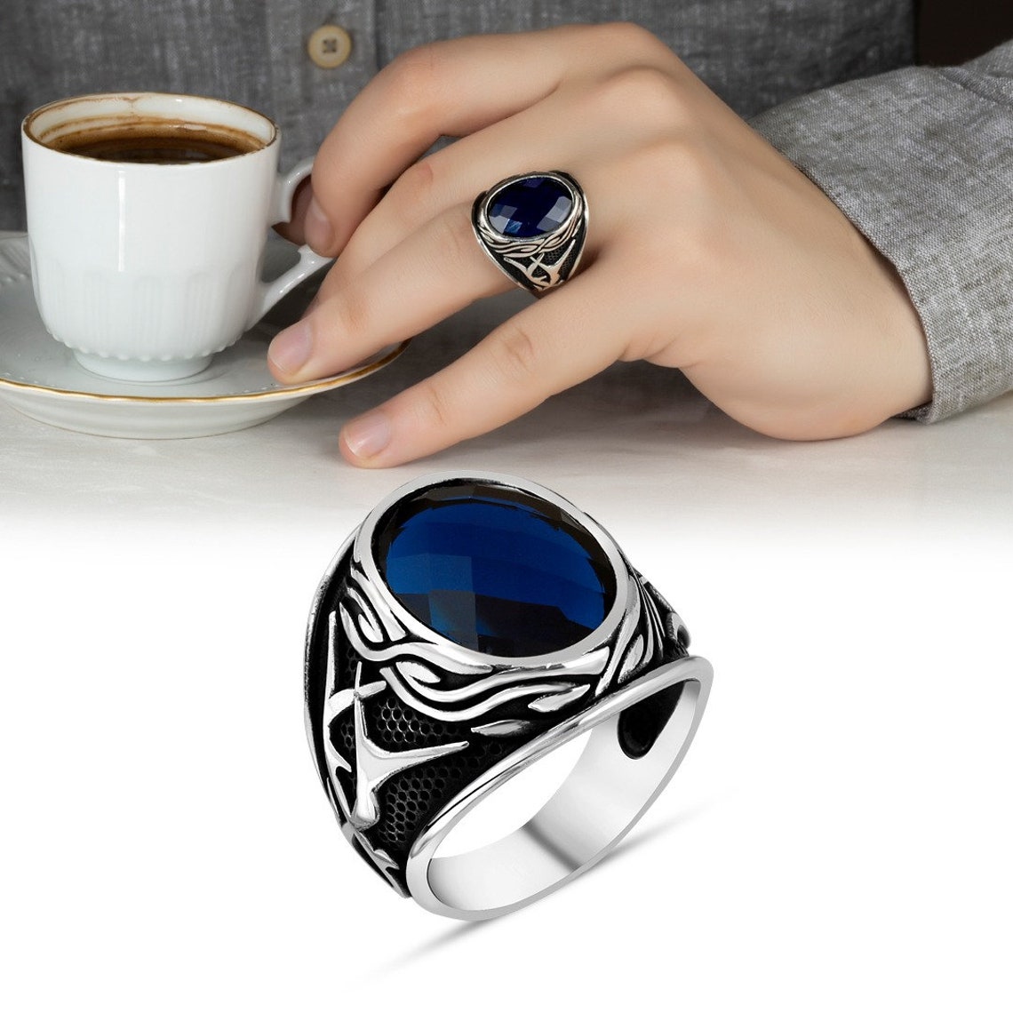 Blue Zircon Sterling Silver Men's Ring With Abstract | Etsy