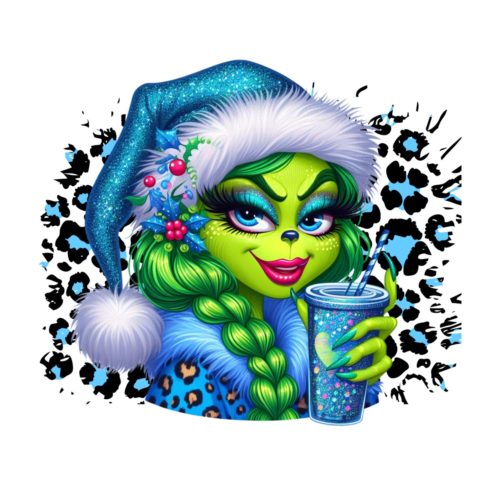 UV DTF Sticker Print. Blue Black Green Face Lady Christmas Hat Leopard ...