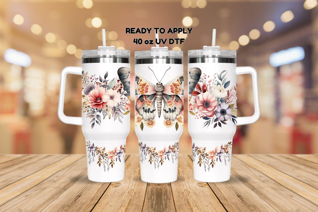 UV DTF 40 Oz Ready to Apply Boho Floral Moth Butterfly With Flowers ...