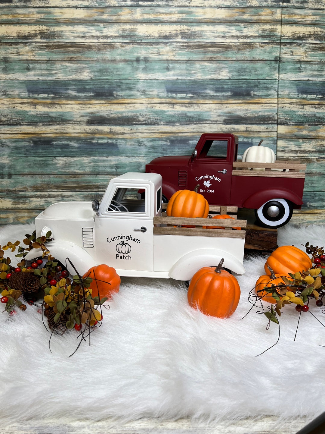 Fall Farmhouse, Vintage, Rustic Fall Red Truck or White. Metal Truck ...