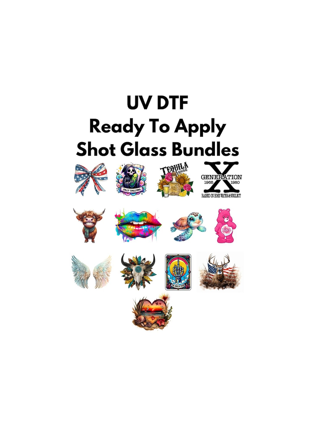 UV DTF Sticker Prints. Shot Glass Bundles of 6. Glass or Tumbler Decal ...