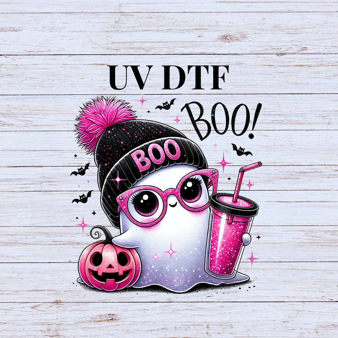 UV DTF Sticker Print Pink Boo Ghost With Beanie Cute Decal, Tumbler ...