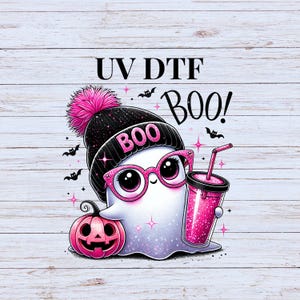 UV DTF Sticker Print Pink Boo Ghost With Beanie Cute Decal, Tumbler ...