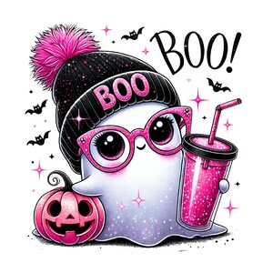 UV DTF Sticker Print Pink Boo Ghost With Beanie Cute Decal, Tumbler ...