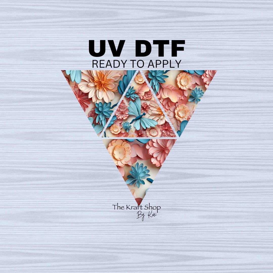 UV DTF Sticker Print. Triangle Dragonfly With 3D Flowers Peach and Teal ...