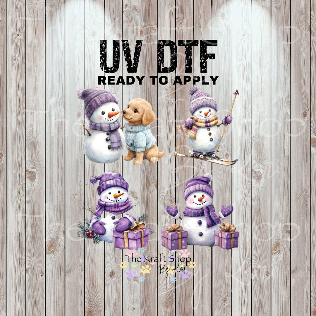 UV DTF Sticker Prints. Purple Snowman Christmas Decals 4 Pk, Permanent ...