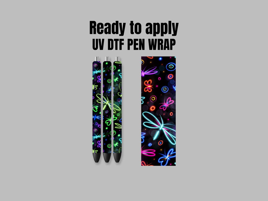 UV DTF Pen Wrap Ready to Apply Sticker Print. Full Color Neon Dragonfly ...