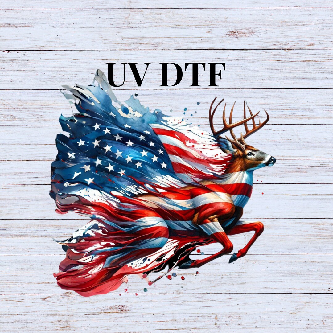 UV DTF Sticker Print American Flag Deer Running Decal, Tumbler Decal ...