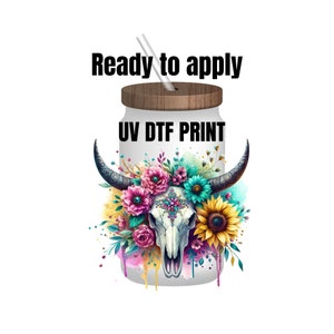 UV DTF Sticker Print. Watercolor Drip Bull Skull Decal, Tumbler Decal ...