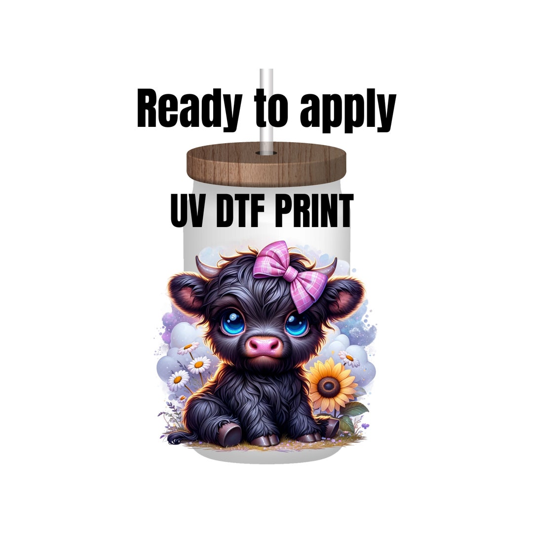 UV DTF Sticker Print. Black Baby Cow With Pink Accents Decal, Tumbler ...