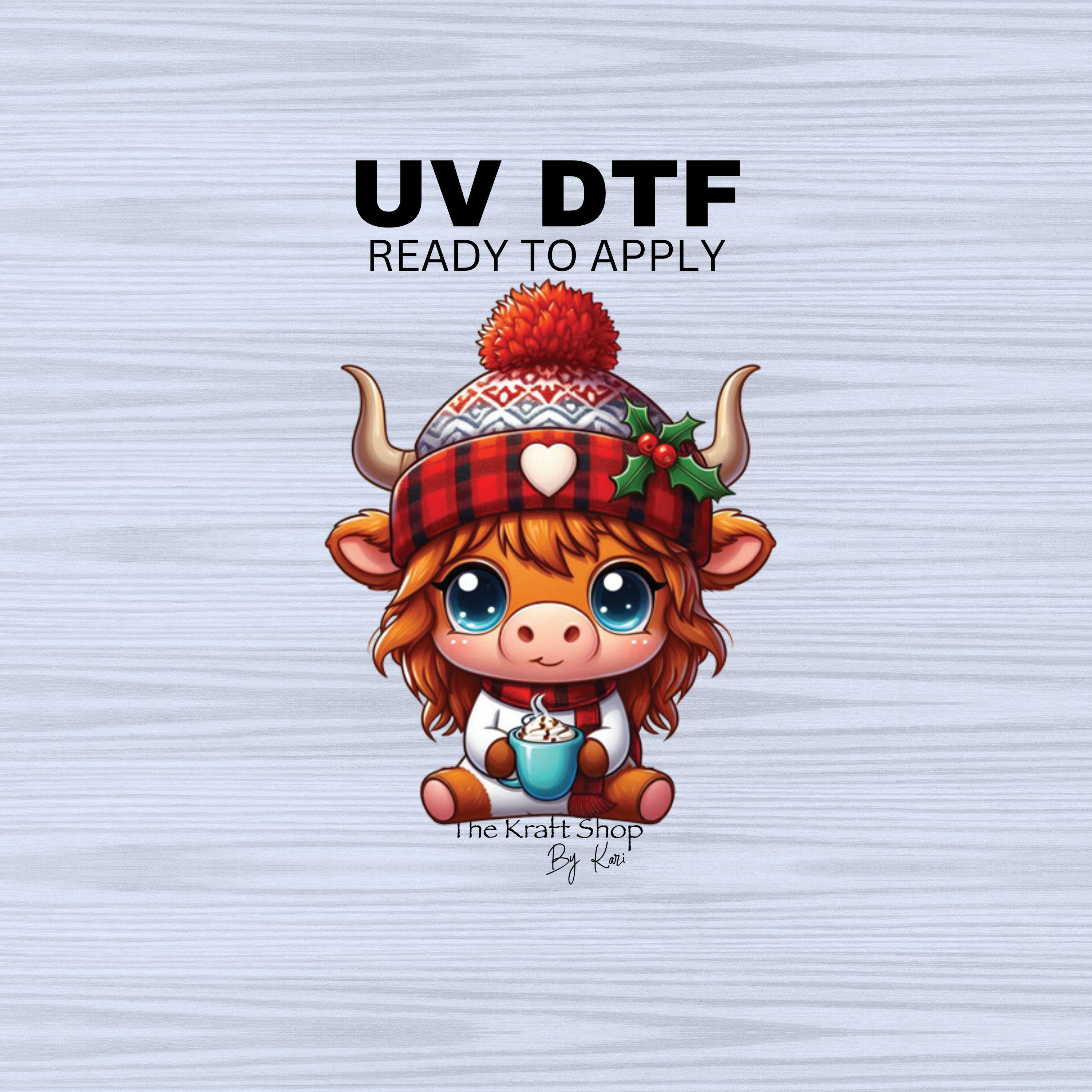 UV DTF Sticker Prints. Hot Cocoa Highland Cow With Beanie Decals ...