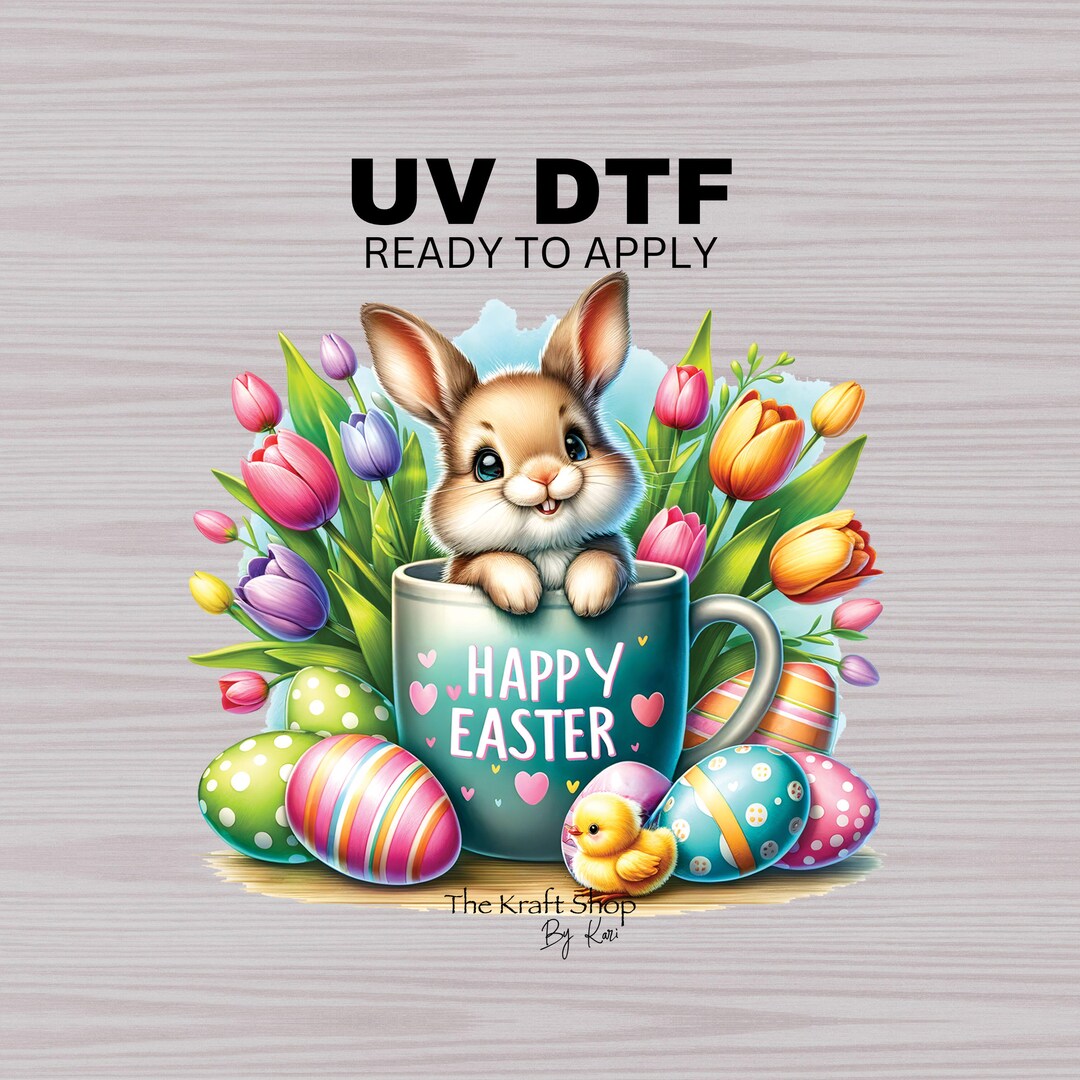 UV DTF Sticker Print. Happy Easter Bunny in Blue Mug Flowers Christian ...