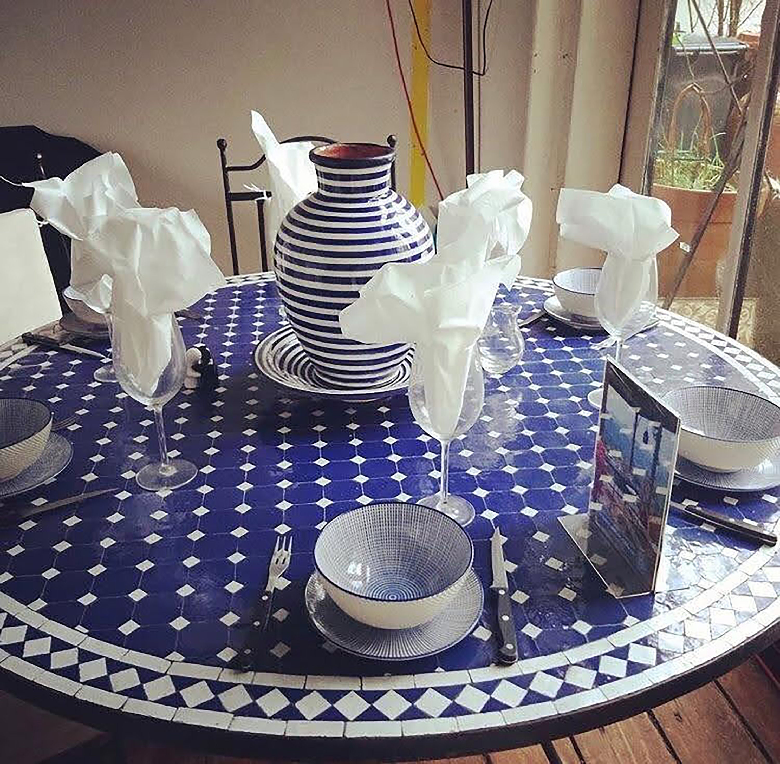 Personalized Round Mosaic Blue Tile Table for Outside | Etsy