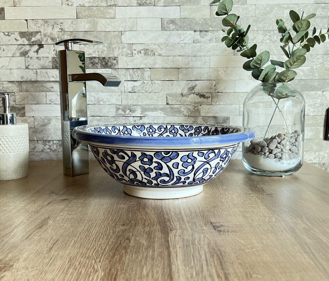 Custom Countertop Ceramic Vessel Sink - Round Sink Bowl - Floral Vanity ...