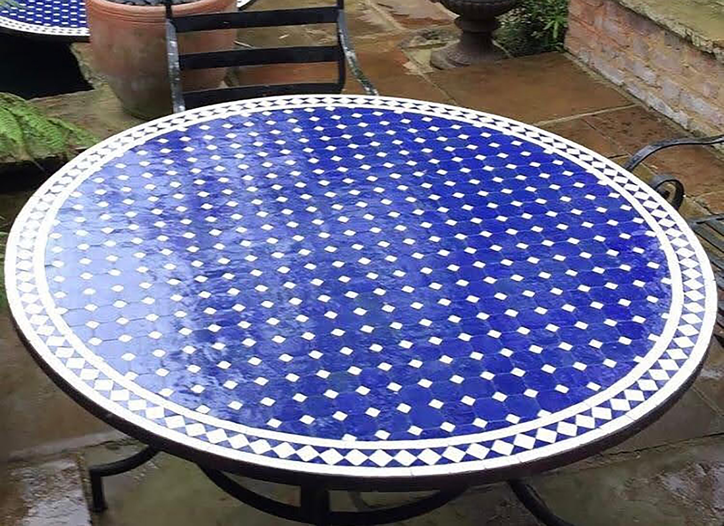 Personalized Round Mosaic Blue Tile Table for Outside | Etsy