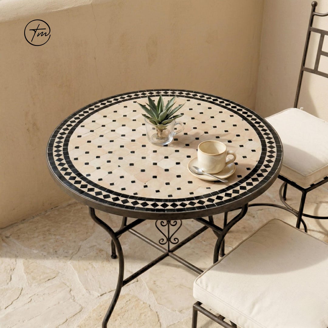 Moroccan Mosaic Dining Table, Handmade Zellige Tile Top, Custom Round ...