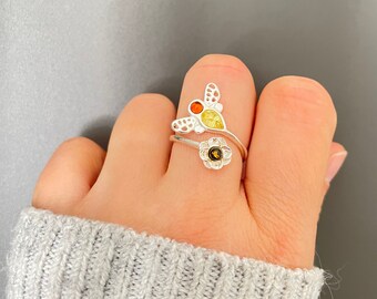 Amber Bee Ring, 925 Sterling Silver Bee Ring, Adjustable Ring, Bee ...