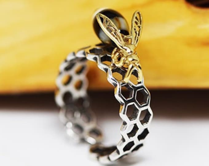 Amber Bee Ring, 925 Sterling Silver Bee Ring, Adjustable Ring, Bee ...