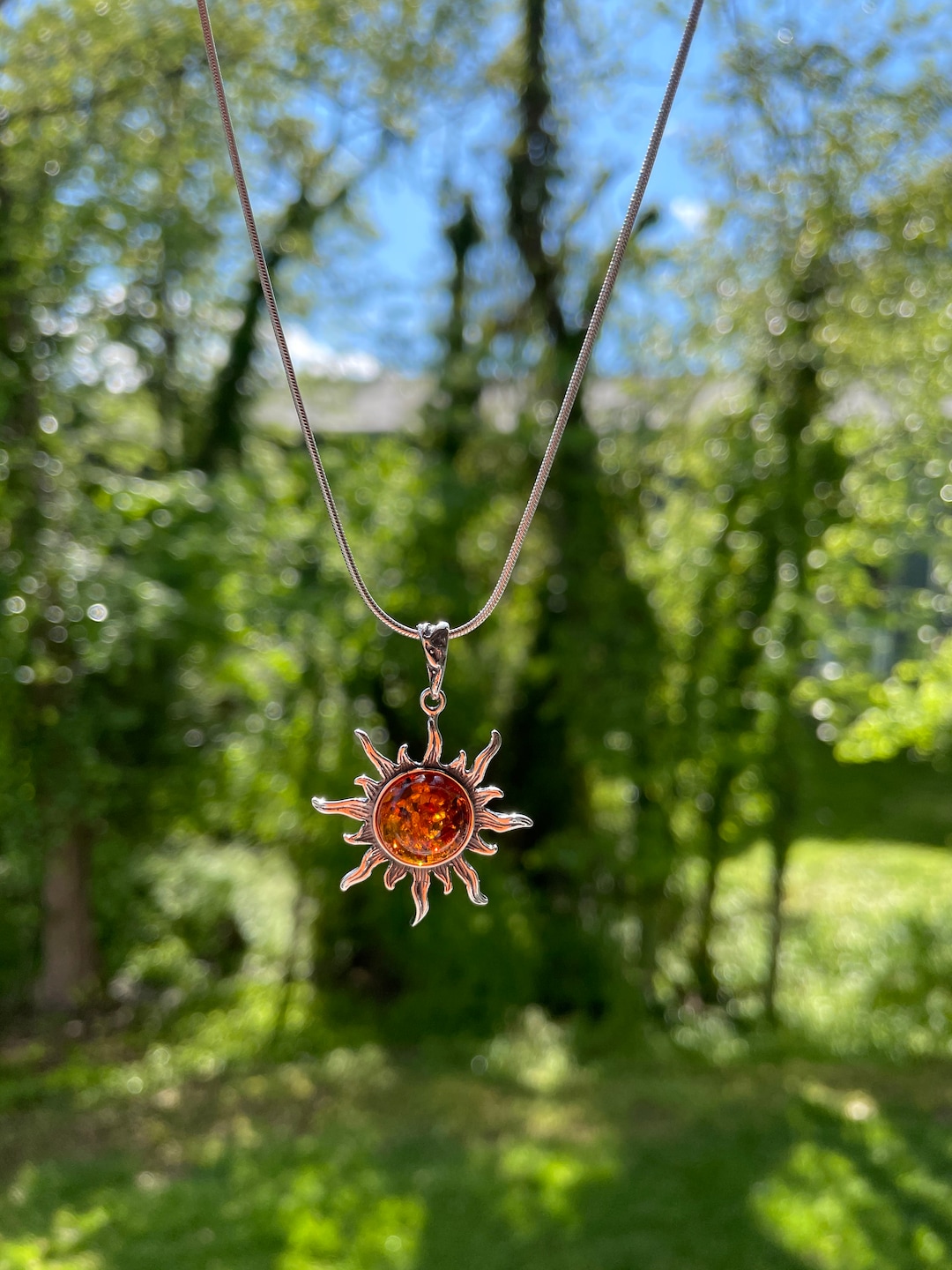 Sun Pendant. Baltic Amber Sun Pendant, Sterling Silver, Cognac Color ...