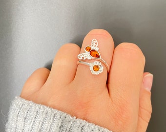 Amber Bee Ring, 925 Sterling Silver Bee Ring, Adjustable Ring, Bee ...