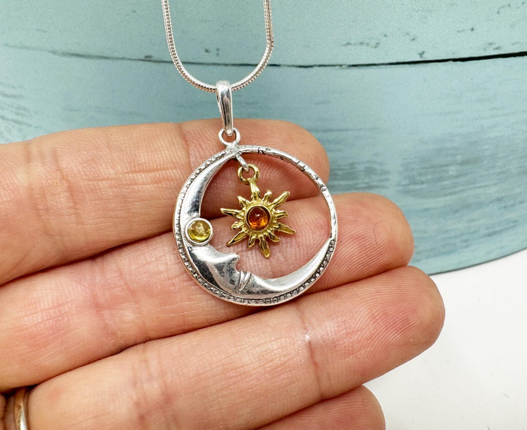 Sun and Moon Necklace With Amber, 925 Sterling Silver Pendant, Baltic ...
