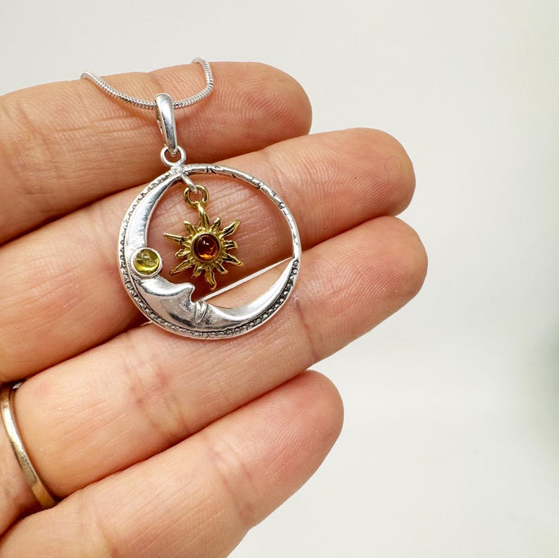 Sun and Moon Necklace With Amber, 925 Sterling Silver Pendant, Baltic ...