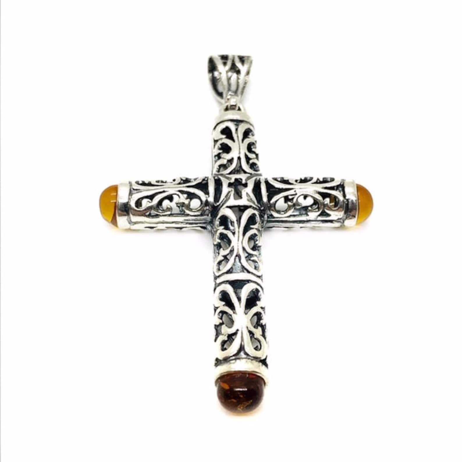 Silver Cross Pendant Amber Cross Pendant Necklace Cross - Etsy