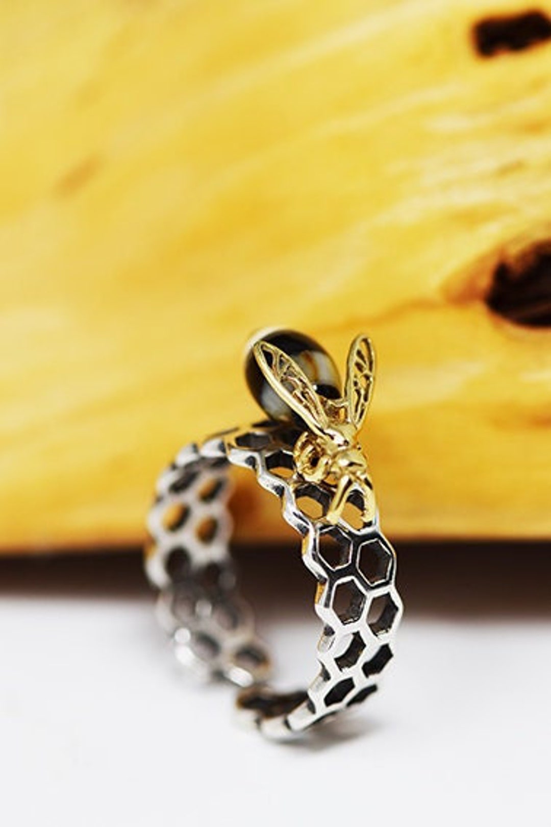 Amber Bee Ring, 925 Sterling Silver Bee Ring, Adjustable Ring, Bee ...