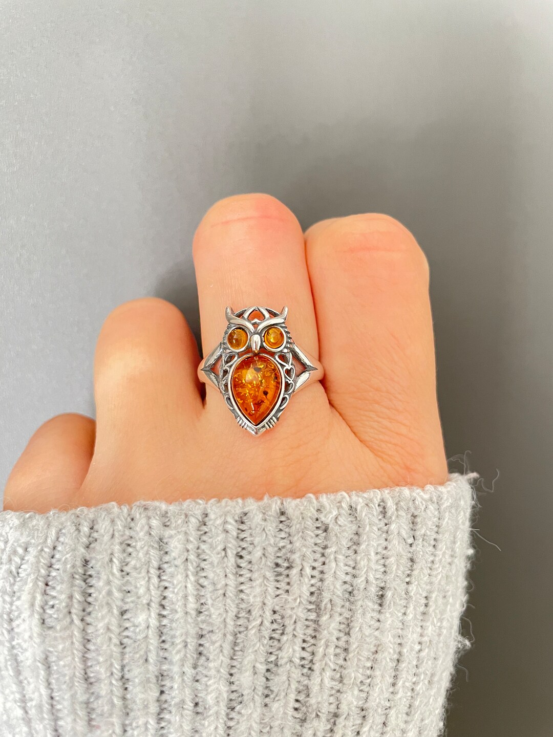 Owl Ring, Sterling Silver Owl Ring, Adjustable Ring, Owl Jewelry, Owl Gifts, Amber Jewelry, Owl ...