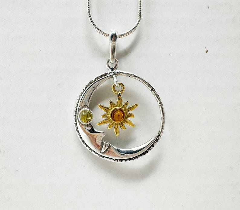 Sun and Moon Necklace With Amber, 925 Sterling Silver Pendant, Baltic ...