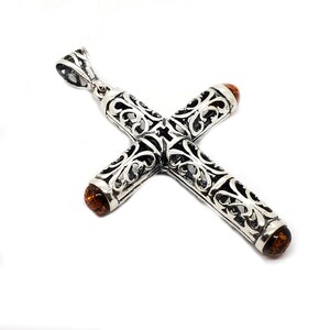 Silver Cross Pendant, Amber Cross Pendant Necklace, Cross Amber Pendant ...
