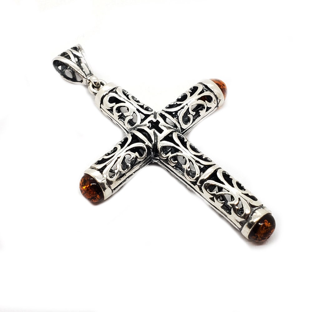 Silver Cross Pendant Amber Cross Pendant Necklace Cross - Etsy