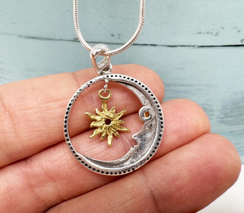 Sun and Moon Necklace With Amber, 925 Sterling Silver Pendant, Baltic ...