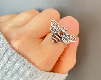 Amber Bee Ring, 925 Sterling Silver Bee Ring, Adjustable Ring, Bee ...