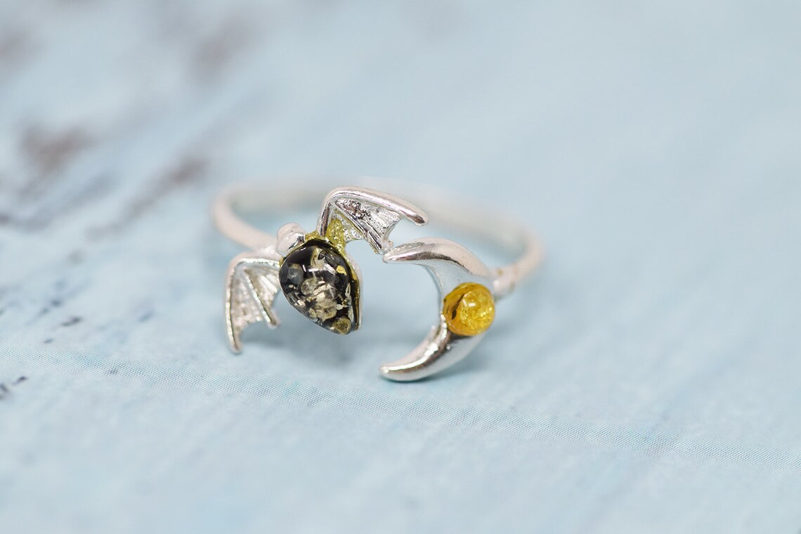 Bat Ring, Bat and Moon Sterling Silver, Adjustable Ring, Bat Jewelry ...