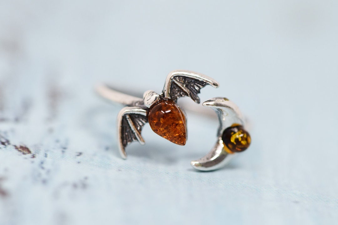 Bat Ring, Bat and Moon Sterling Silver, Adjustable Ring, Bat Jewelry ...
