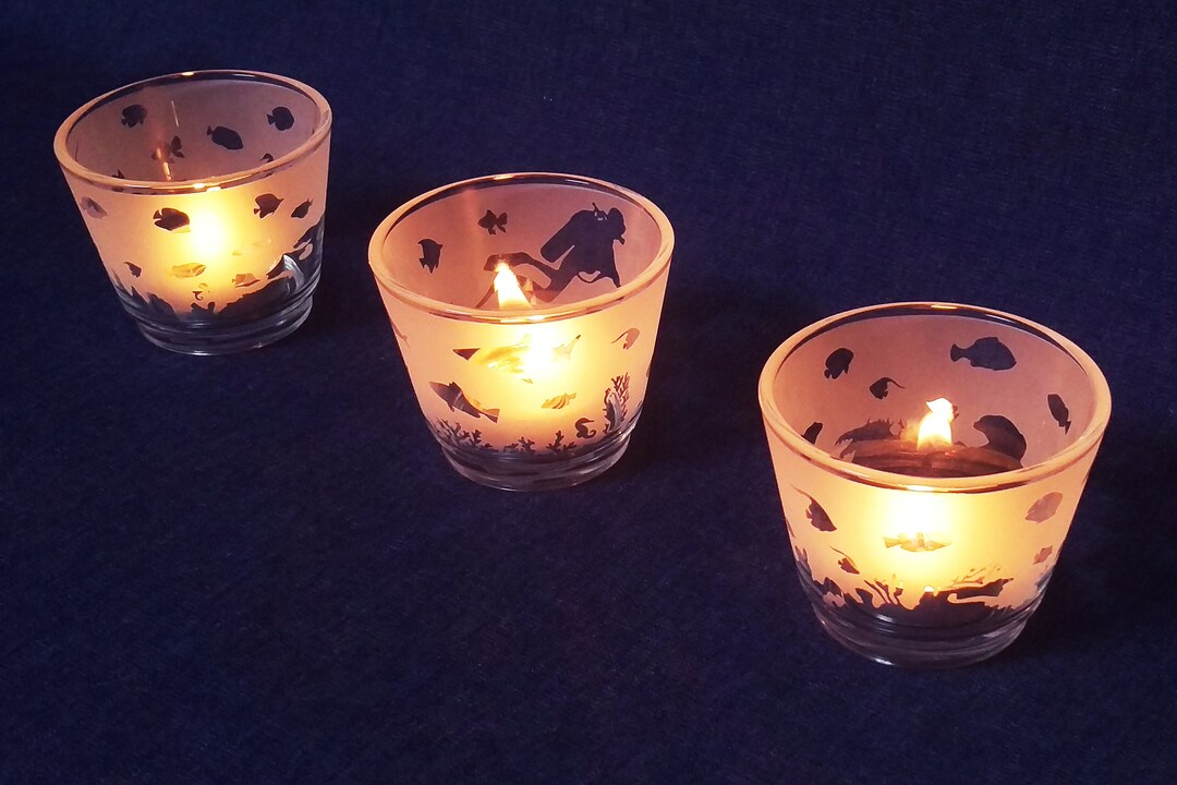 Tropical Fish Engraved Glass Tea Light Holder Set, With Scuba Diver ...