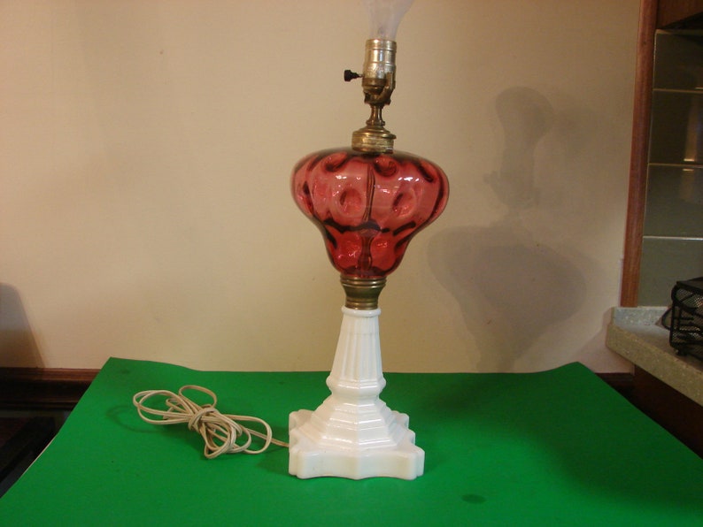 Vintage Elegant Milk Glass Base and Cranberry Thumb Print Top | Etsy