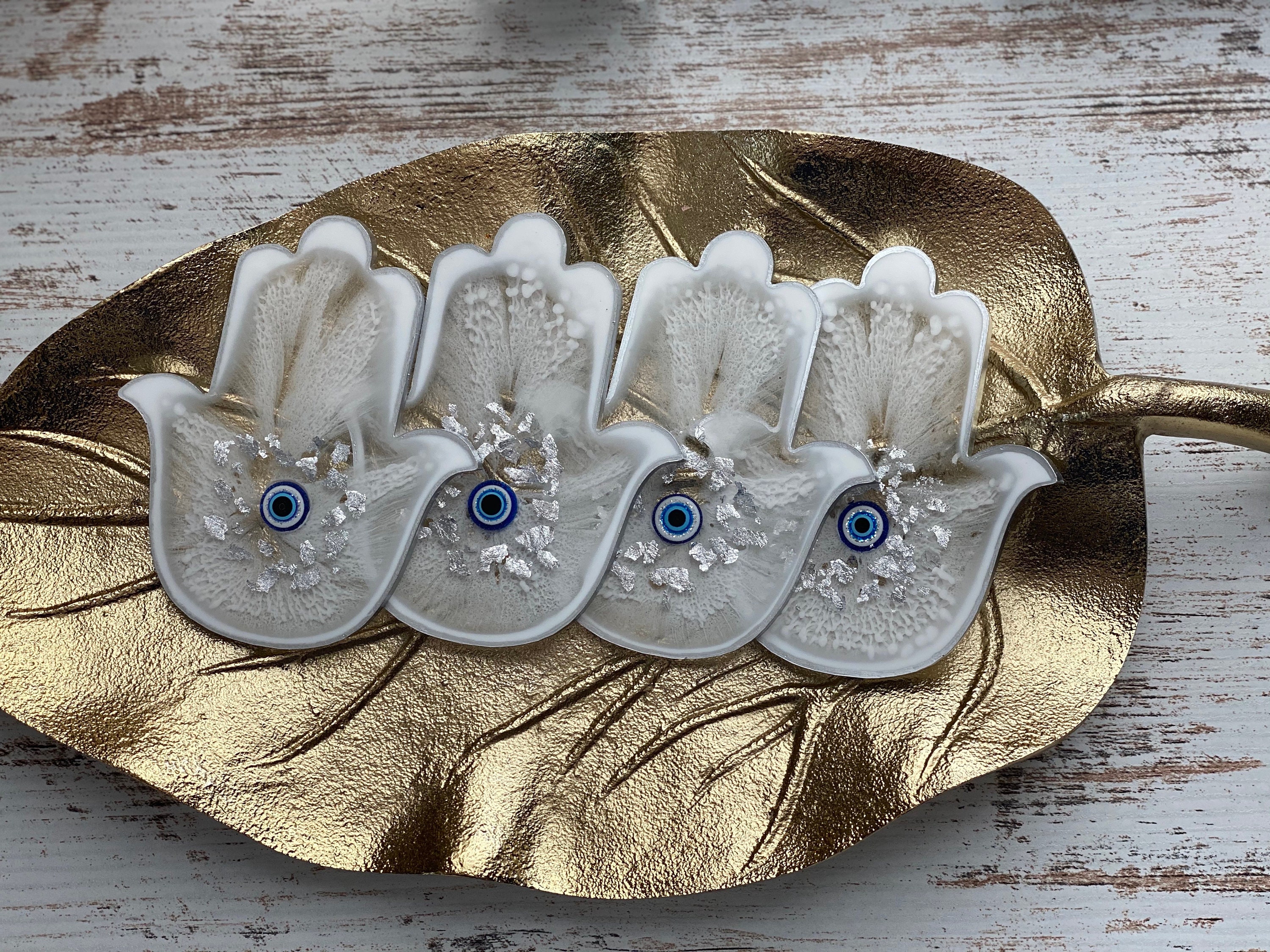 Evil Eye Hamsa Set: Four Hamsa Coasters + Two Trinket Dishes Flower ...