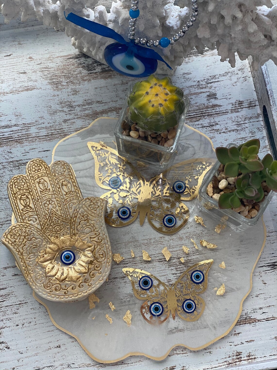 Evil Eye Butterfly Tray Agate Style Options of Gold or - Etsy